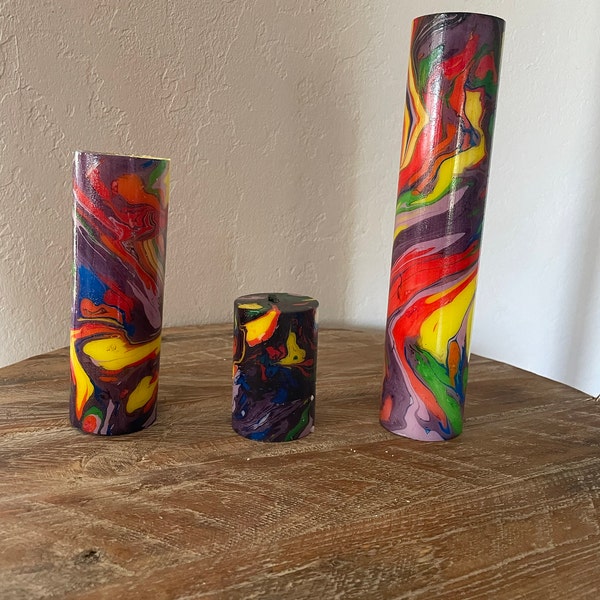 Marbled Pillar Candle Rainbow Swirl Hand-dip Dyed Colorful Tie-dye ...