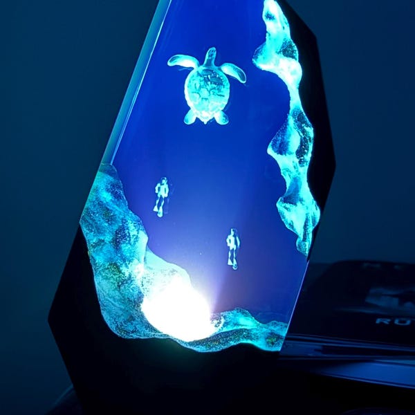 Sea Turtle & Couple Diver Night Light, Large Epoxy Resin Wood Table ...