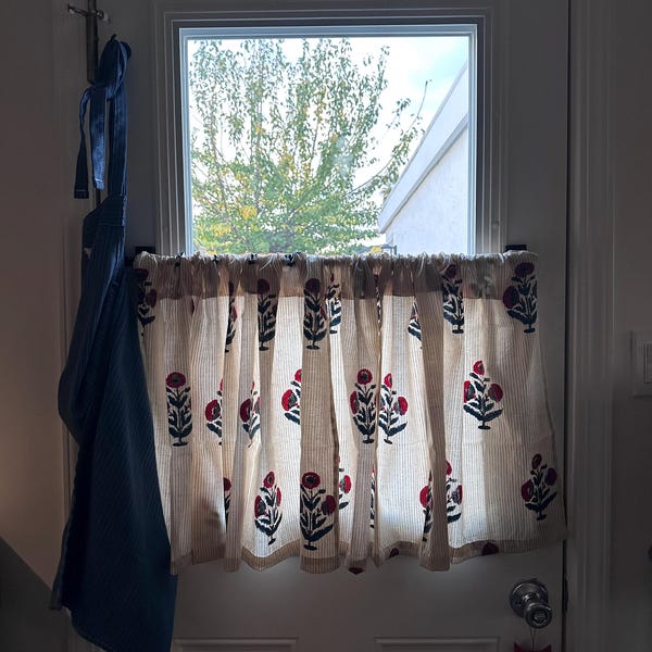 Red Blue Poppy Print Valance, Cafe Curtains, Small Size Panels, Kitchen ...