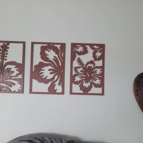 Hibiscus Flower Wood Wall Art Set: Tropical Floral Decor, Hibiscus Wall ...