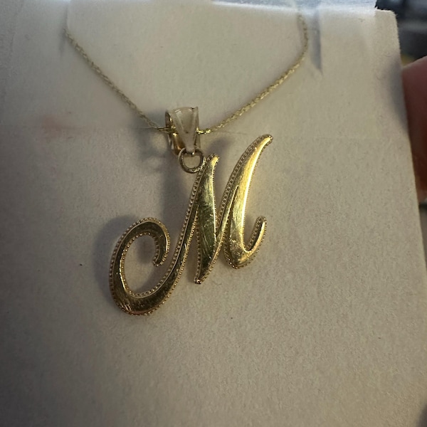 14k or 10k Solid Gold Cursive Initial Necklace, Cursive Initial Pendant ...