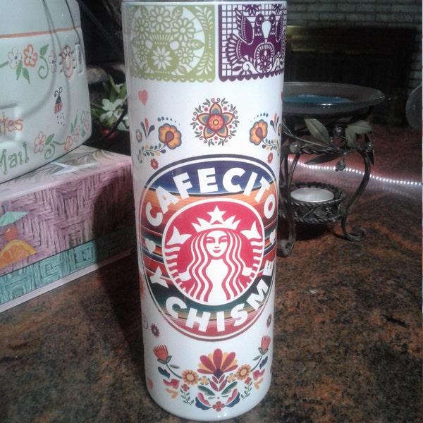 Cafecito Y Chisme 20oz Skinny Tumbler Colorful Mexican Theme Banner ...