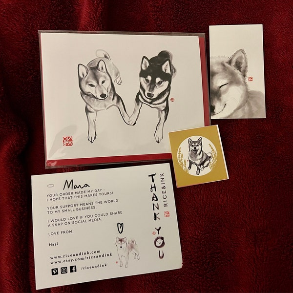 Shiba Inu Lovers Card, Sumi E Painting Ink Wash Illustration Cute ...