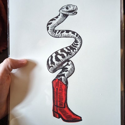 SNAKE in BOOT PRINT, Linocut, Print, Block Print, Snake, Snake Art ...