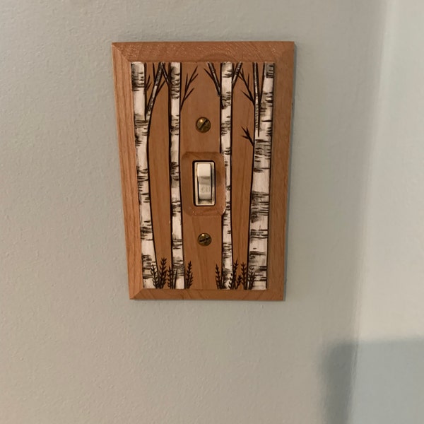 Wooden Triple Light Switch Cover With Wood Burned & Water Colored Birch ...
