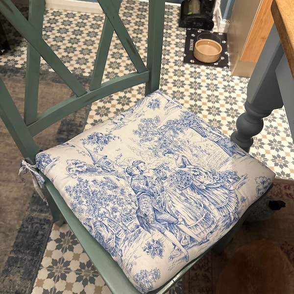 Blue Toile Chair Cushion: Cotton Mid-century Chair Pad With Ties - Etsy