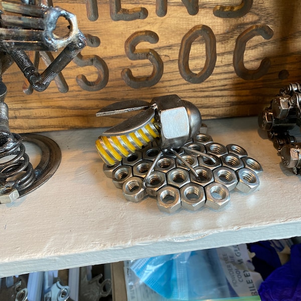 Reclaimed Scrap Metal Rustic Industrial Drill Bit & Bolt Bee on Nut ...