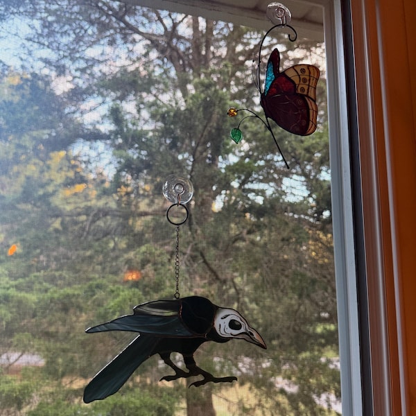 Halloween Stained Glass Horror Raven Feathers Custom Stained Glass Bird ...