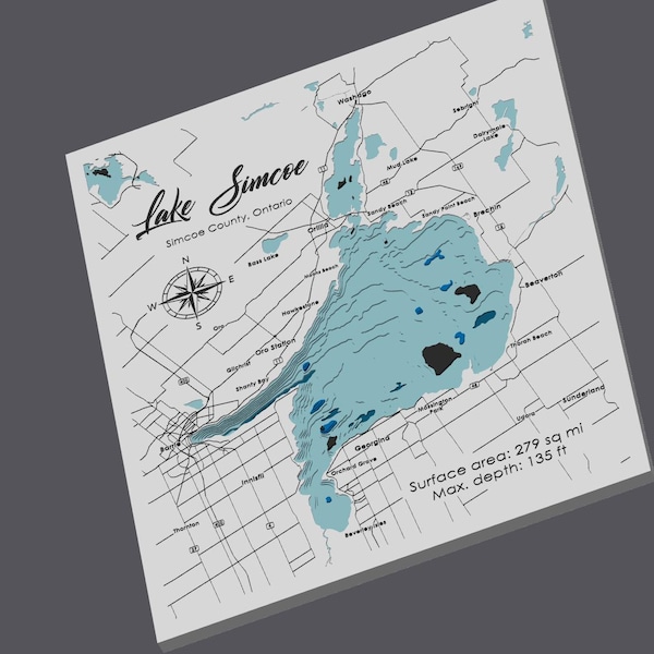Digital File PDF, SVG - Lake Simcoe Ontario, Bathymetric Depth Layers ...