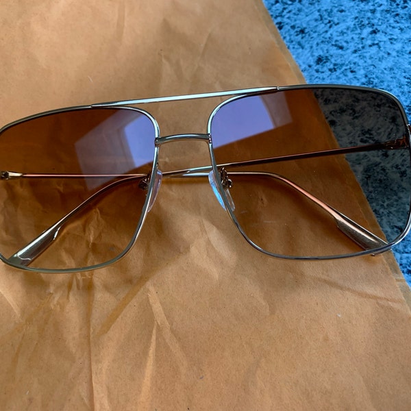 1970s Style Gold Rim Double Bridge Aviator Translucent Hue Square Lens ...