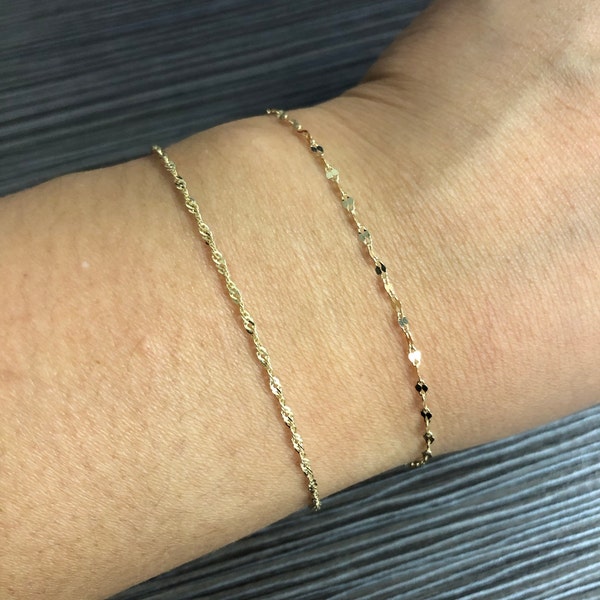 14k Solid Gold Sequin Faceted Chain Bracelet, Dainty Bracelet, Thin ...