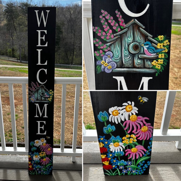 Summer and Spring Wood Welcome Sign With Bird House and Flowers ...