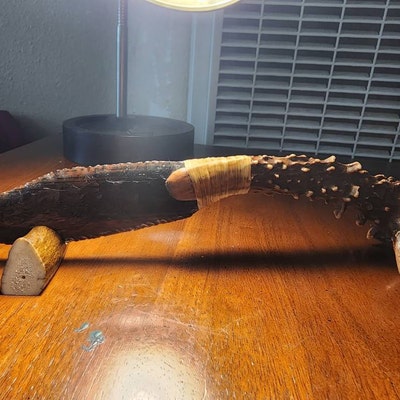 Large Knapped Glass Bowie Knife With Deer Antler Handle Flint Knapping ...