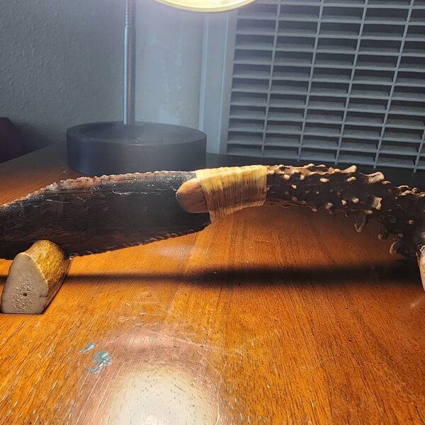 Large Knapped Glass Bowie Knife With Deer Antler Handle Flint Knapping ...