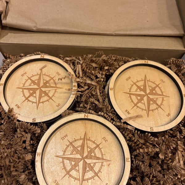 Nautical Compass Coasters - Laser-engraved Baltic Birch Drink Coaster ...