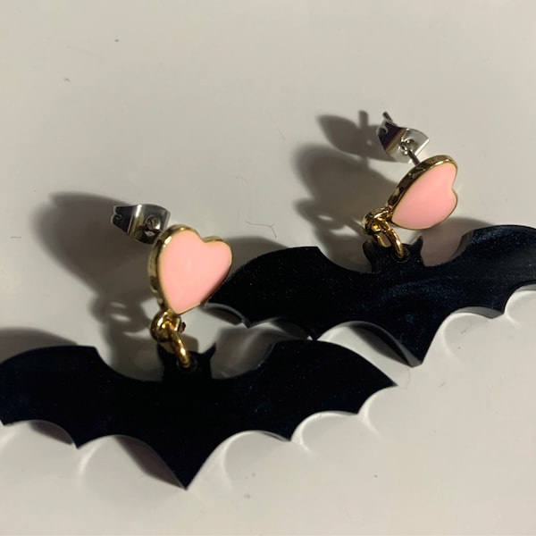 Pink Enamel Heart Black Bat Earrings - Etsy