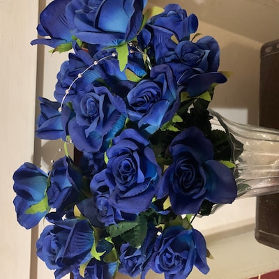 12 Open Dark Royal Blue Roses, Artificial Flowers, 4 Rose Head, Wedding ...