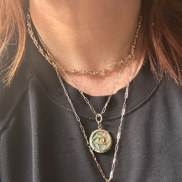 14K Gold Two Tone Chain Necklace, Oval Chain Choker, Rectangle Long ...