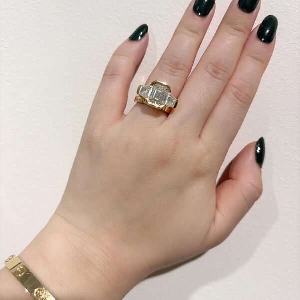 Bezel Set Moissanite Ring Three Stone Moissanite Engagement Ring 3.00 Ctw Cushion Moissanite ...