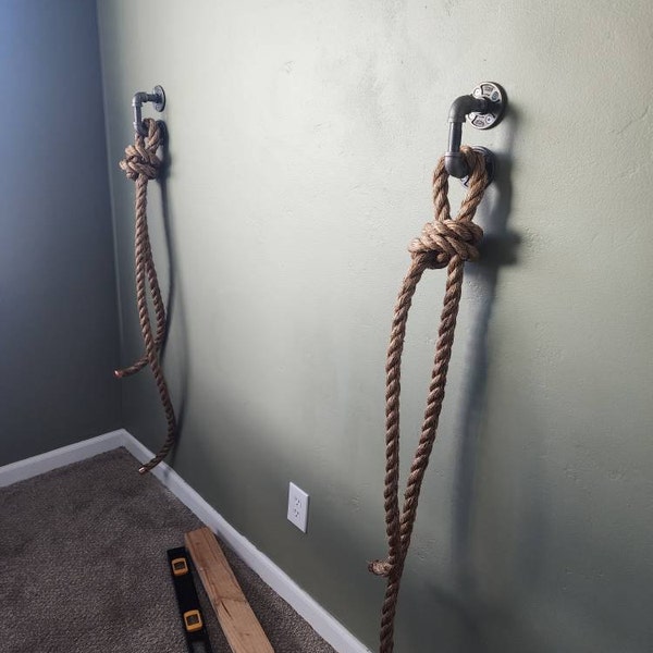 Rope & Pipe Desk - Farmhouse Suspended Wood - Wall Mounted - Standing ...