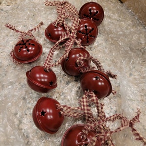 Primitive Metal Burgundy Jingle Bell Christmas Ornaments Set of 9 ...