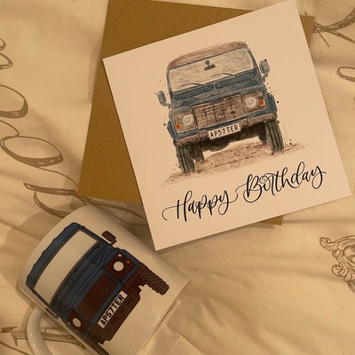 Blue Land Rover Illustrated Personalised Number Plate Happy Birthday ...