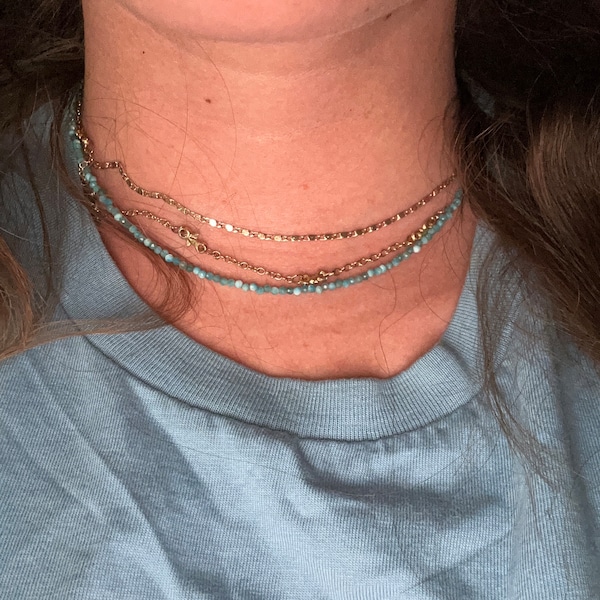 Tiny Larimar Gemstone Beaded Minimalist Choker, Small Natural Blue Gemstone Beads Necklace ...