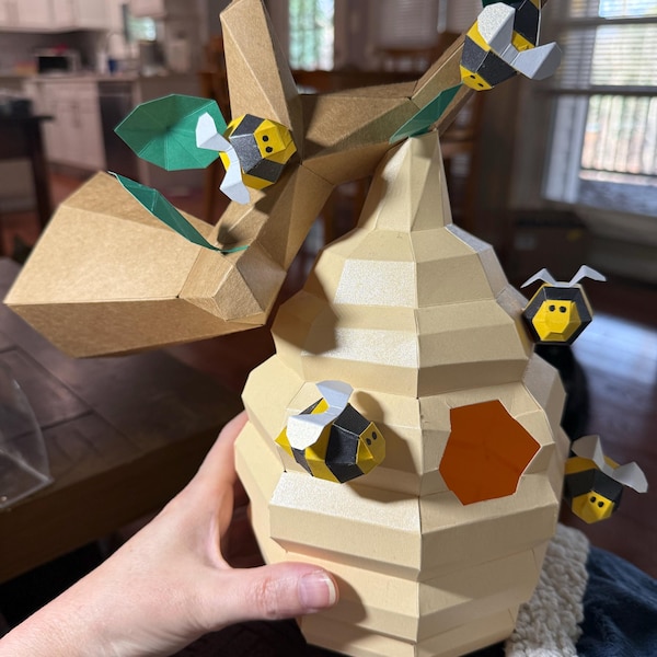 Papercraft Bee and Hive on a Branch, Low Poly Bee and Hive Template ...