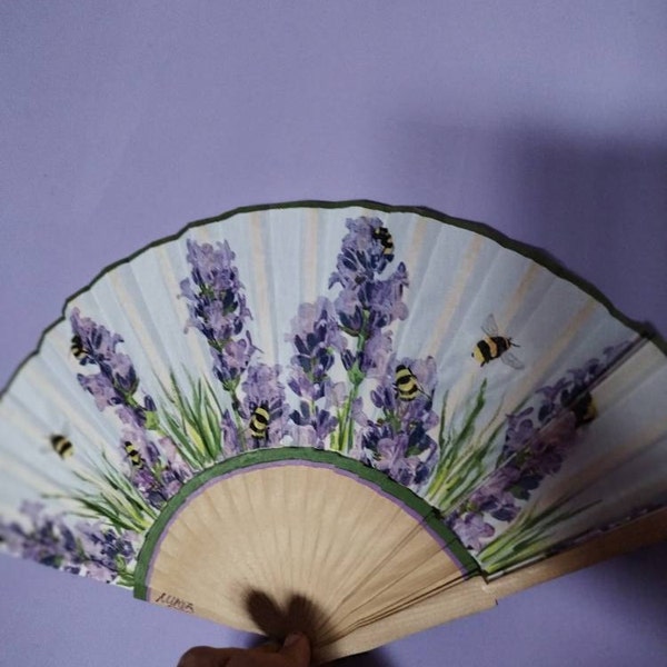 White Fan With Lavender Flowers, Fan Painted With Decoupage ...