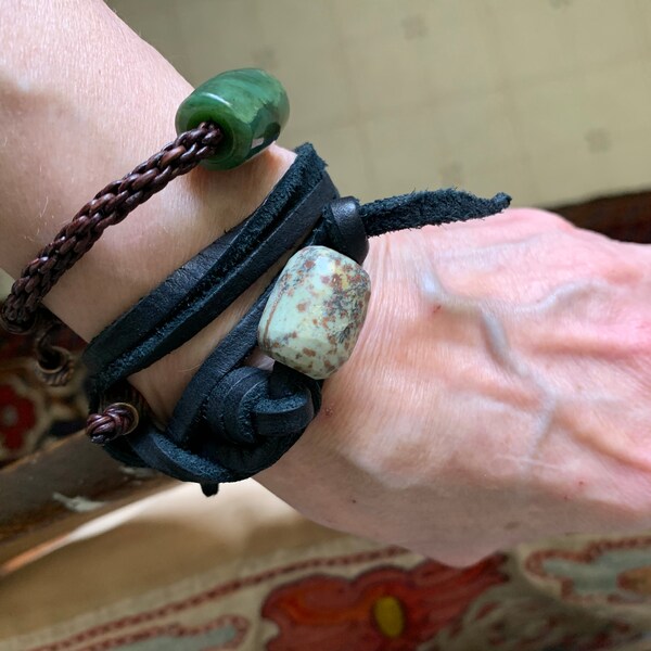 Jade and Obsidian and Leather Bracelet - Etsy