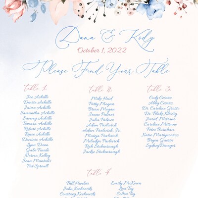 Alphabetical Blue and Blush Pink Seating Chart Template, Printable ...