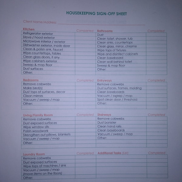 Housekeeping Sign-off Sheet - Etsy