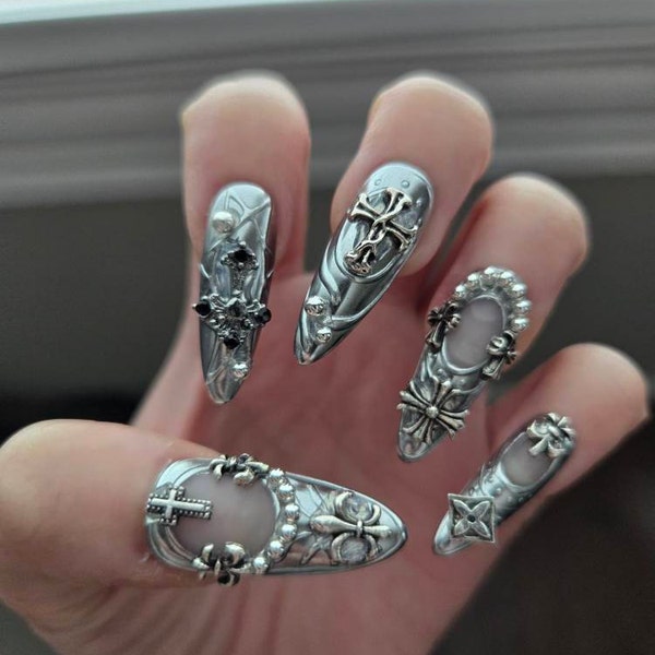 Silver Chrome Cross Heart Press on Nails, Punk Goth Y2K Emo Fake Nails ...
