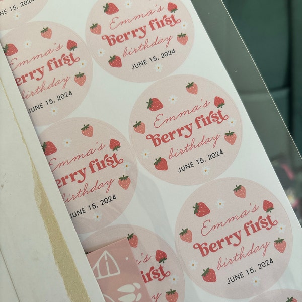 Strawberry Birthday Stickers, Berry First Birthday Party Favor Stickers ...