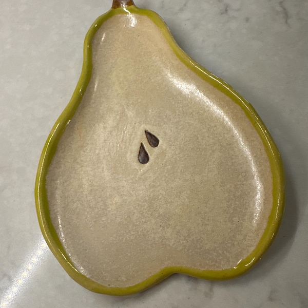 Ceramic Pear Spoon Rest Green Gold Trinket Dish Handmade Unique Kitchen ...