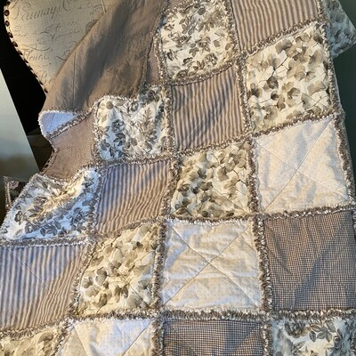 Gray and Teal Rag Quilt/gray Flannel Blanket/floral Rag Quilt/teal ...