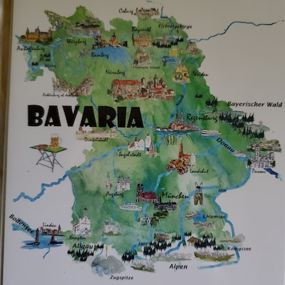 Bavaria Germany Illustrated Travel Poster Map Fine Art Print Poster ...