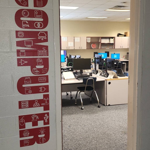 Computer Lab Door Vinyl Decal With Tech Icons | Large Teacher Door Sign ...
