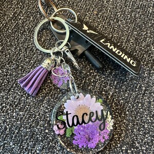 Custom Purple Flower Resin Keychain, Personalized Pressed Dried Floral ...