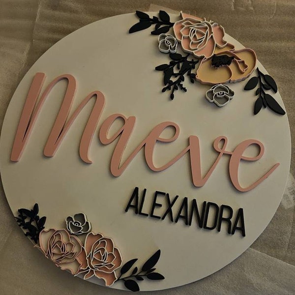 3D Round Circle Boho Wood Name Sign Girls Room Nursery Floral Flowers ...