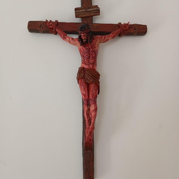 Handmade Jesus Crucifix – Realistically Painted – Walnut Wood Cross ...
