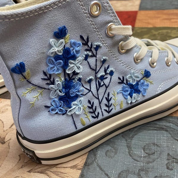Customized Embroidered Converse Shoes, Blue Flower Embroidered Sneakers ...
