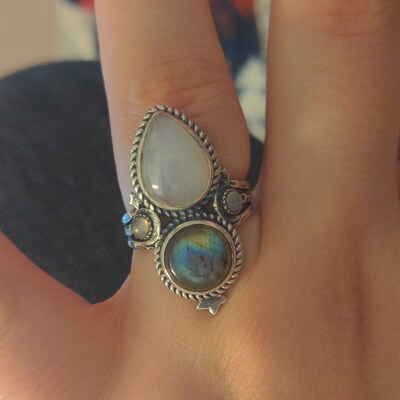 Moonstone and Labradorite Ring, Stars and Moon Ring, Chunky Boho ...