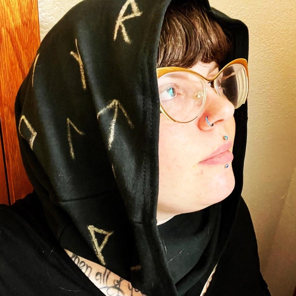 Rune Print Black Post Apocalyptic Cowl Hood - Etsy