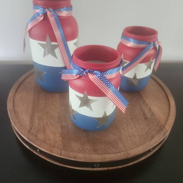 Patriotic Painted Mason Jar Tea Light Candle Holders, Painted Mason Jar ...