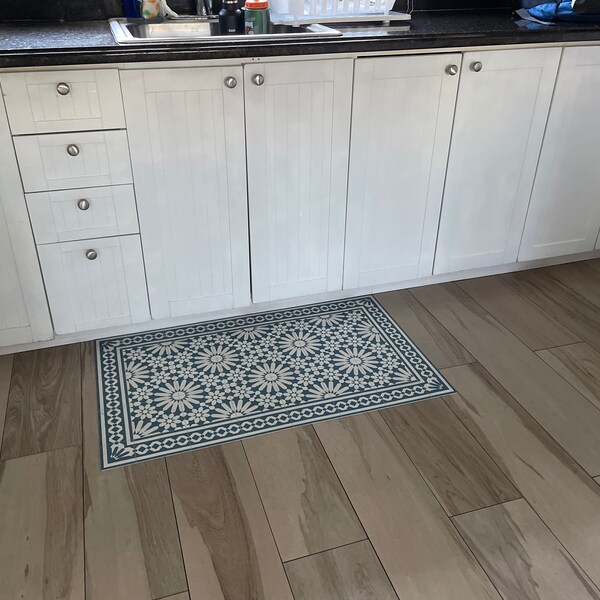 Vinyl Floor Mat With Moroccan Tiles Design in Blue and Beige. Linoleum ...