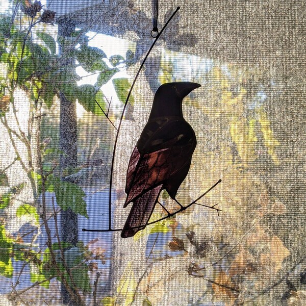 Stained Glass Raven on the Branch Crow Stained Glass Suncatcher Window ...