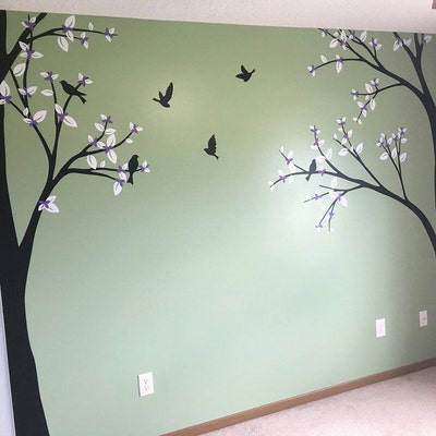 Large Corner Tree Wall Decal With Flying Birds Squirrels and Leaves ...