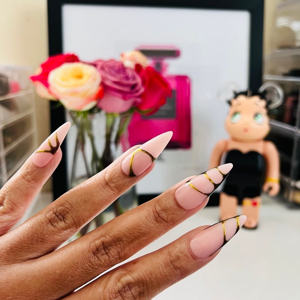 GOLD LINE Press on Nails Apres Gel X Gold Chrome Nails Natural Nails ...