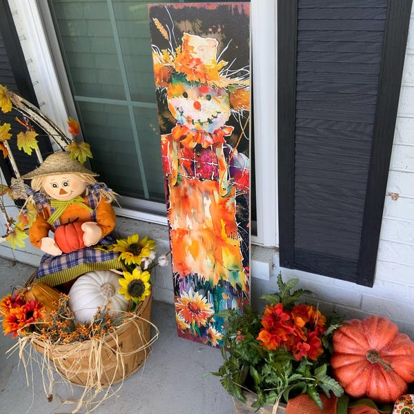 36in Fall Scarecrow Porch Sign - Watercolor Fall Decor for Front Door ...